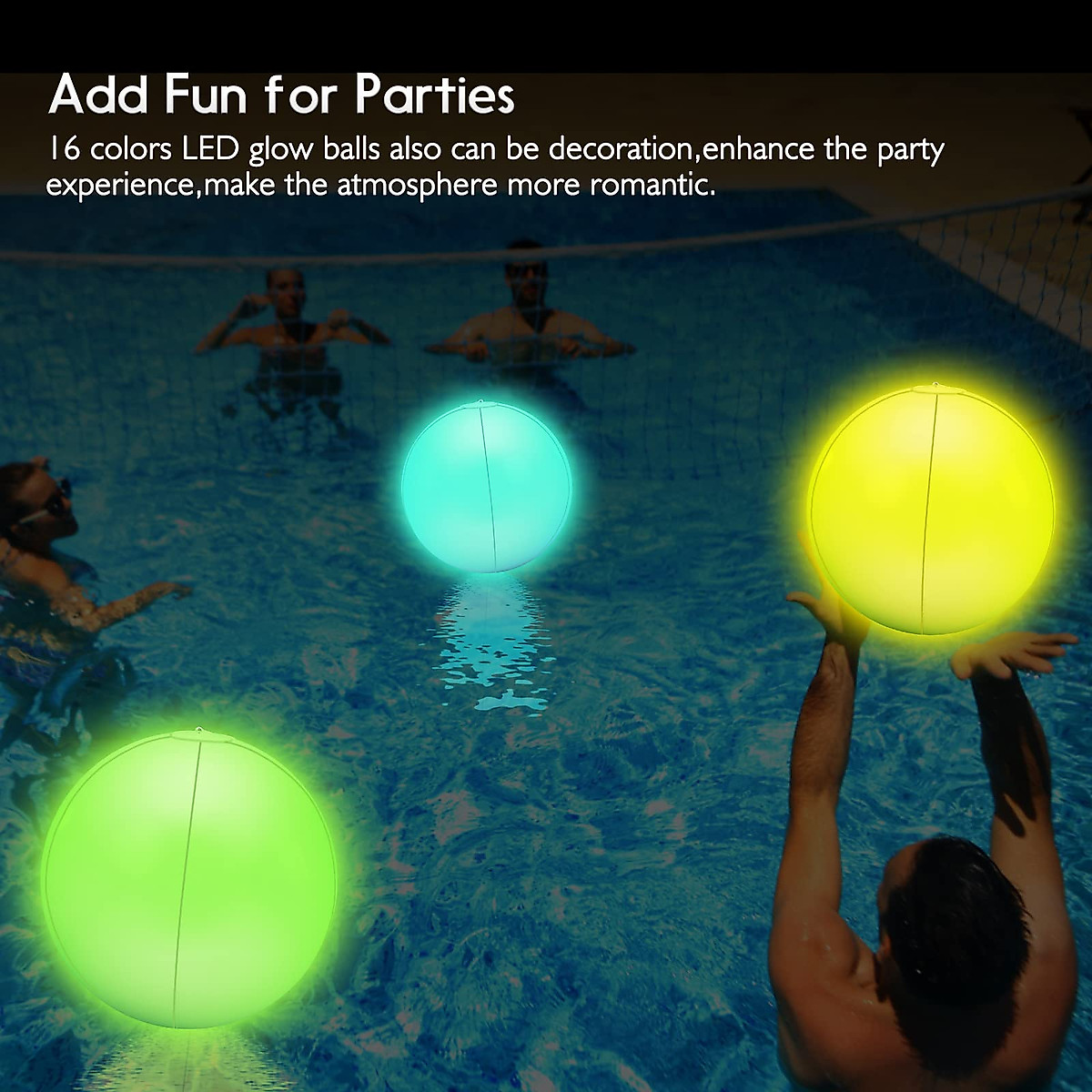 XLYLKS 2 Pcs LED Beach Balls Glow in Dark Party Supplies, 16 Inch Led Beach Ball, IP68 Waterproof Light Up Ball for Swimming Pool, Beach Game, Hot Tub, Decor Outdoor Indoor