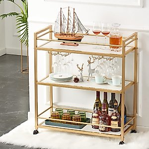 GOLASON Gold Bar Cart with 3 Shelves, Wine Glass Bottle Storage Bar Serving Cart with Wheels for Kitchen Living Room (31.5”W, White)
