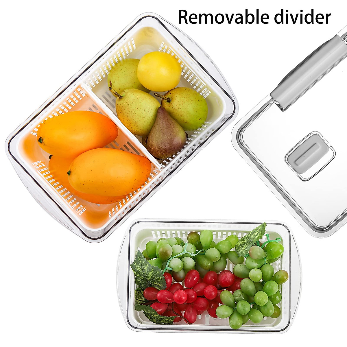 Cedilis 3 Pack Plastic Produce Saver Container, Vegetable Storage Containers for Refrigerator, Fruit Storage Organizer Bins with Divider, Fridge Container Box, White（Not Dishwasher Safe