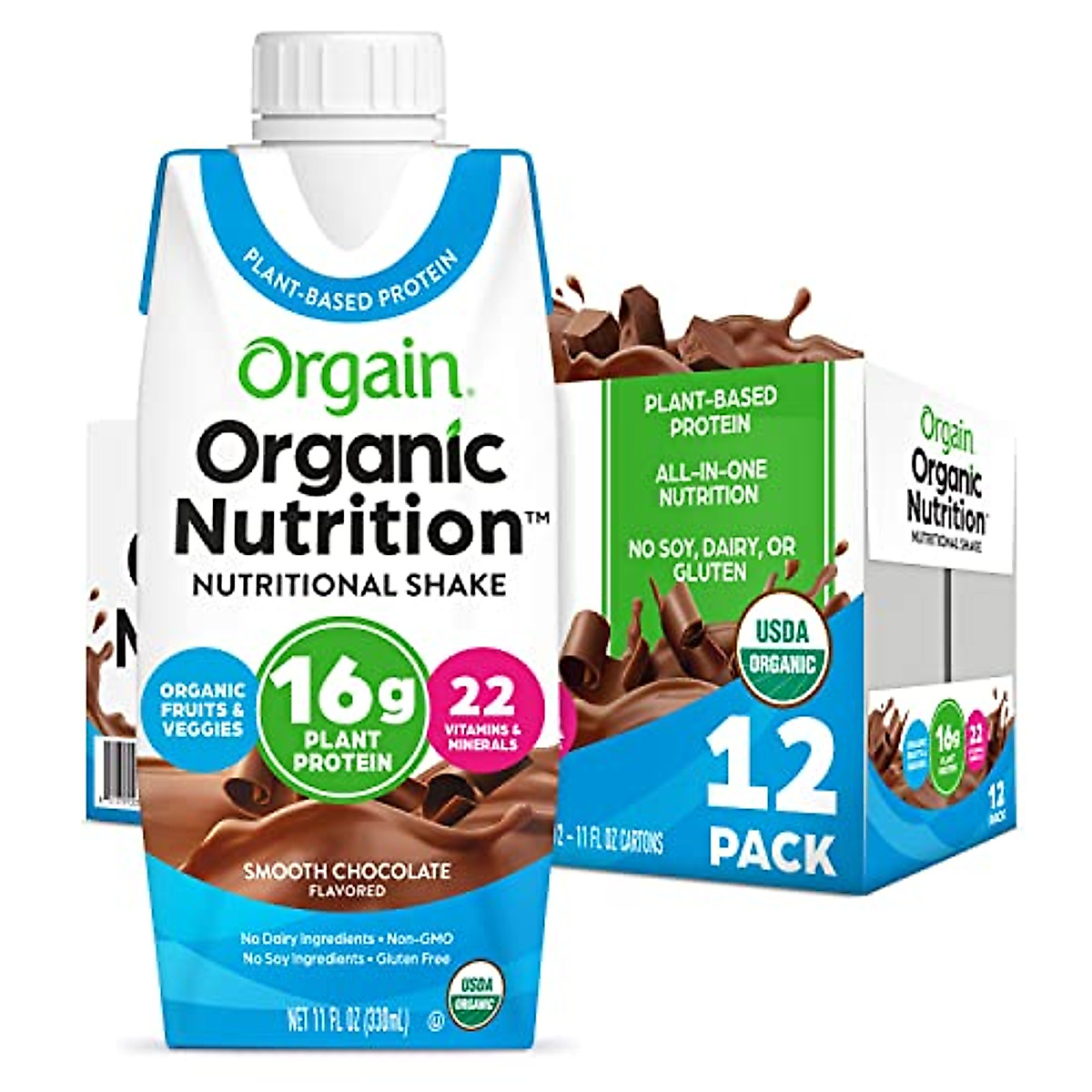 Orgain Organic Vegan Plant Based Nutritional Shake, Smooth Chocolate - Meal Replacement, 16g Protein, 22 Vitamins & Minerals, Dairy Free, Gluten Free, 11 Fl Oz (Pack of 12)