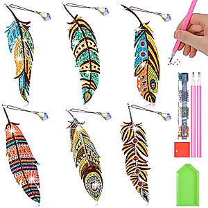 6 Pcs Diamond Painting Bookmarks Kit 5D DIY Feather Rhinestones Bookmark for Kids Adults PVC Art Bookmarks with Crystal Pendant for Crafts School Beginner Office Home, 6 Styles (Vintage)