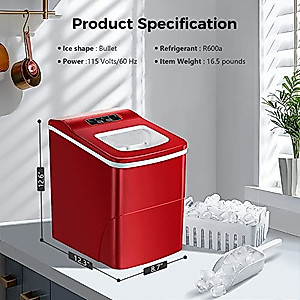 AGLUCKY Ice Makers Countertop with Self-Cleaning, 26.5lbs/24hrs, 9 Cubes Ready in 6~8Mins, Portable Ice Machine with 2 Sizes Bullet Ice/Ice Scoop/Basket for Home/Kitchen/Office/Bar/Party, Red