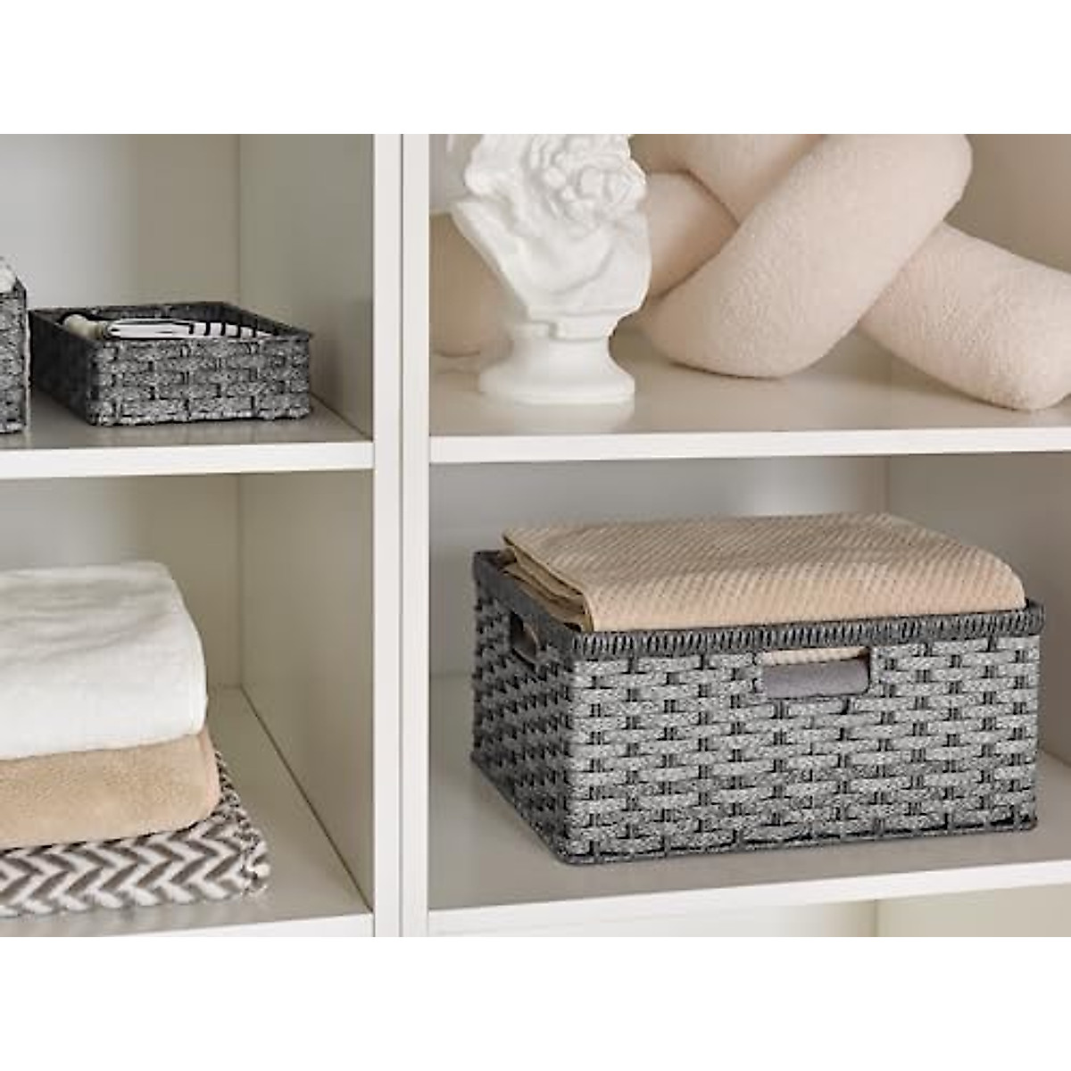 Labcosi Large Wicker Basket, Plastic Wicker Storage Basket, Wicker Storage Basket for Bathroom, Plastic Storage Bin with Built-in Handles, Grey, 15 "L x 11 "W x 6.75 "H, 1 Pack