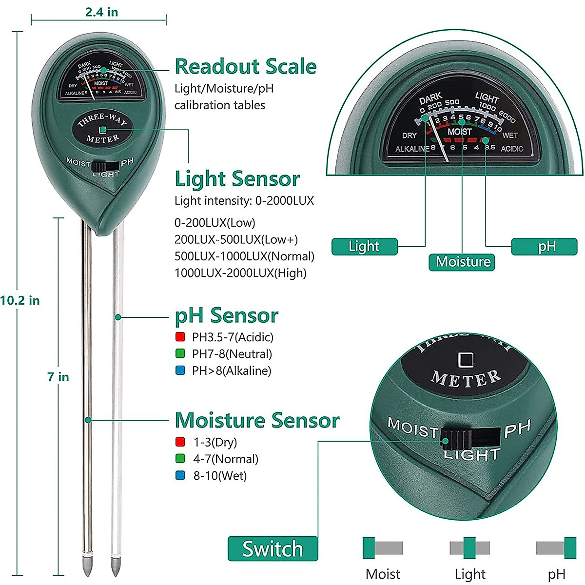 EPOL Soil Moister Meter, 3 in 1 Soil pH Meter, Water Meter and Sunlight Meter, Soil Test Kit for Garden, Farm, House,Lawn, Indoor, Outdoor, Hydrometer for Plants, Green, 2.4x10.2x1.6 in