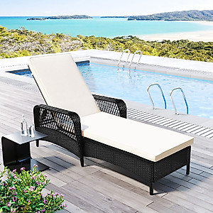 Outdoor Patio Pool PE Rattan Wicker Chair Wicker Sun Lounger, Adjustable backrest, Beige Cushion, Black wiker (1)