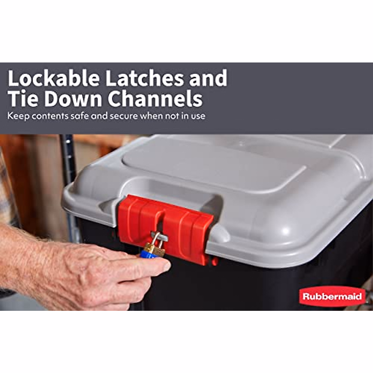 Rubbermaid Pack & Go 14 Gal Storage Tote, Durable Design and Easy to Transport, Built-In Handles, Tie Down Channels and Lockable Snap Tight Lid, Black Base with Gray Lid and Red Handles, Pack of 3