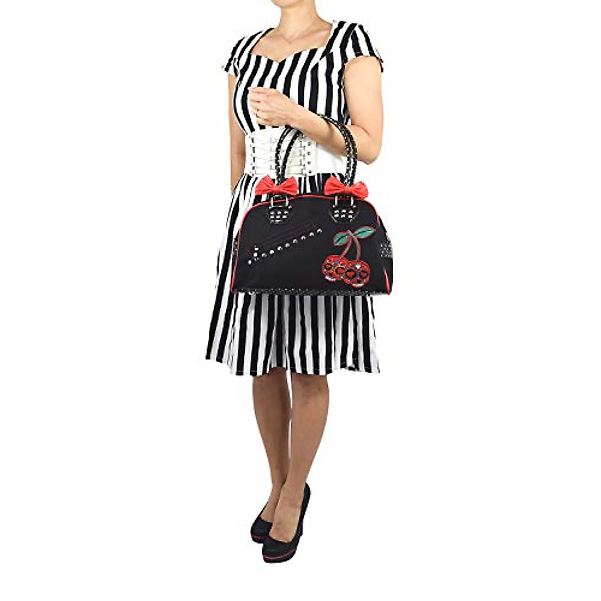 Lost Queen Cherry Bomb Skull Cherries Polka Dot Bow Handbag Rockabilly Black Red