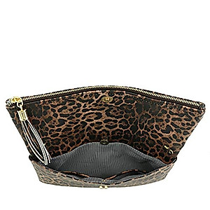 FashionPuzzle Tassel Accent Flapover Clutch Purse with Chain Strap (Leopard Brown)