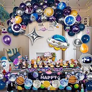 HJINGY Outer Space Party Decorations, Space Themed Party Supplies Include Space Balloons, Backdrop, Galaxy Banner, Hanging Swirls, Tablecloth, Plates, Cups, Cake Toppers for Space Birthday Decorations