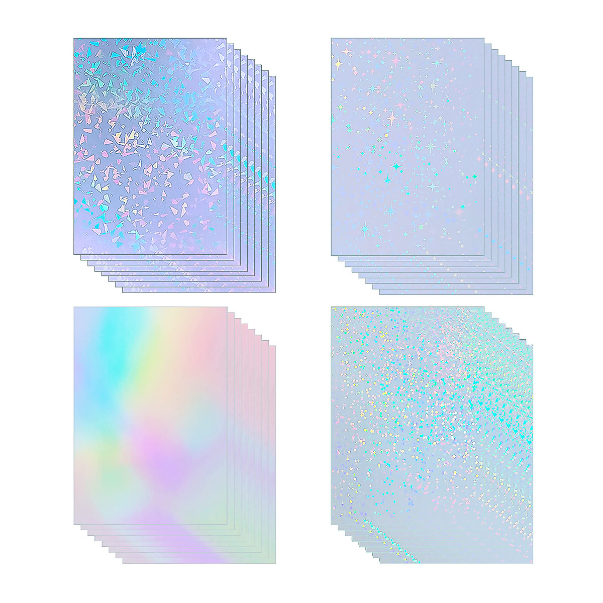 32 Sheets Holographic Clear Vinyl Holographic Sticker Paper Self Adhesive Waterproof Transparent Overlay Film Holographic Overlay with A4 (11.7 x 8.3 Inch) 4 Styles Mixed