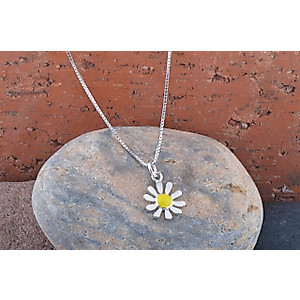 Sterling Silver Ladies Yellow White Enamel Daisy Flower Necklace for Women