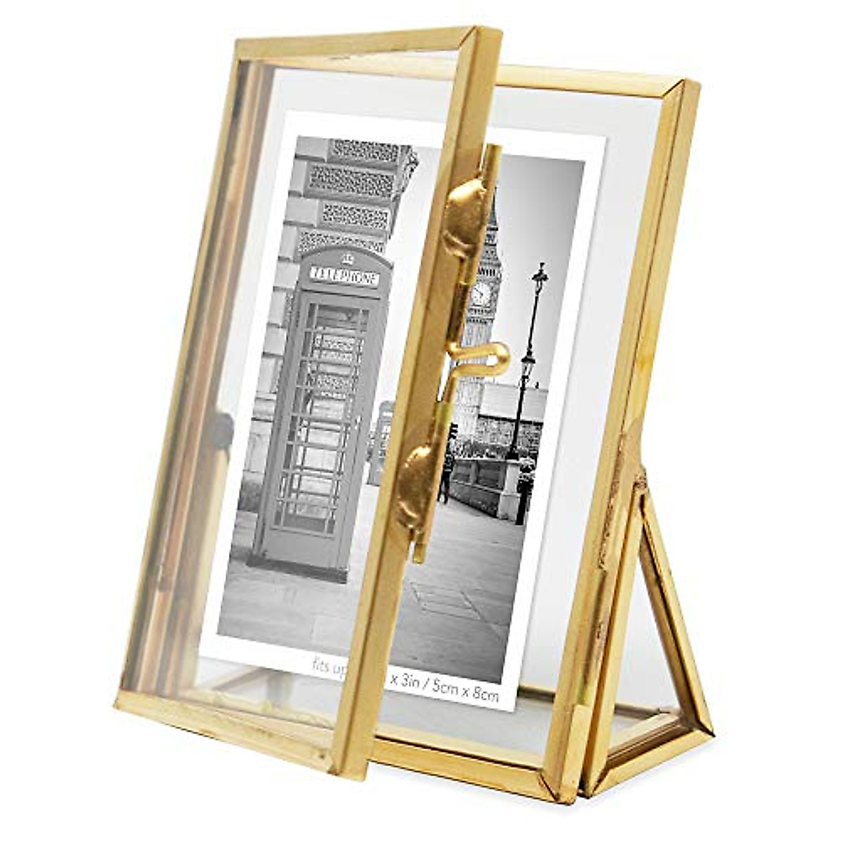 Isaac Jacobs 2x3, Antique Gold, Vintage Style Brass and Glass, Floating Photo Frame, Metal, (Vertical), with Locket Closure and Angled Base, for Pictures, Art, Mementos, Keepsakes (2x3, Antique Gold)