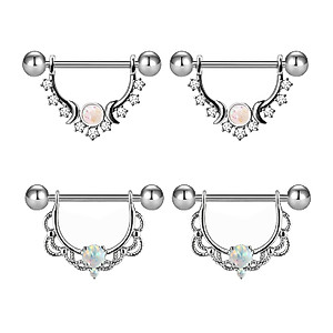 FLOGWE 14G 316L Opal Stars Moon Dangle Nipple Rings, Surgical Stainless Steel CZ Nipple Barbells Piercing Barbell for Women