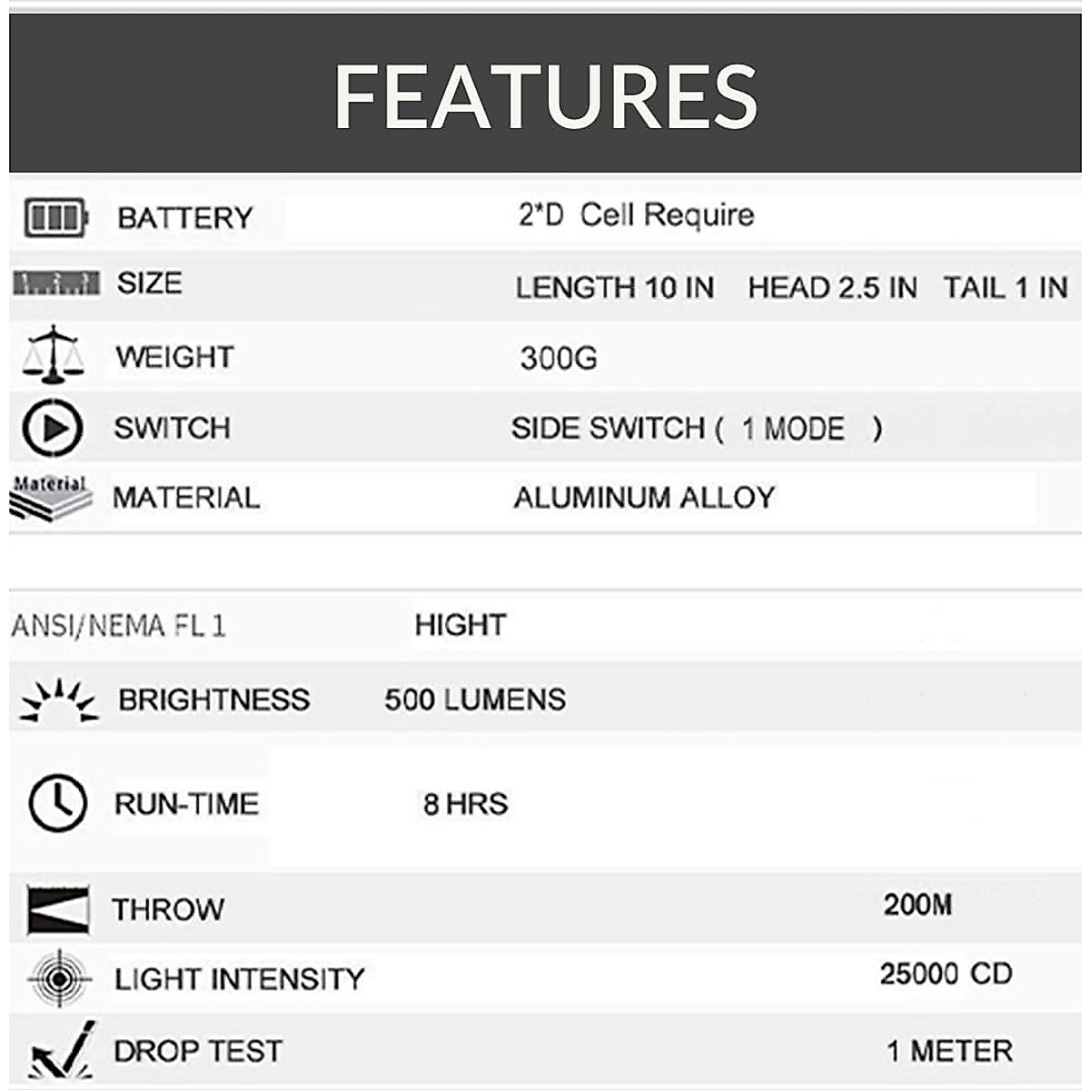 KunHe Heavy Duty 2 D Cell Battery LED Big Flashlights High Lumens Single Mode Flashlight, Aluminum, Ourdoor, Emergency, Power Outage Supplies