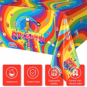 3 Pieces Plastic Groovy Tablecloths Retro Hippie Table Covers for Rectangle Table, Disposable Rainbow Party Decorations for 60s 70s Boho Themed Birthday Baby Shower Carnival Party (Tie Dye Style)