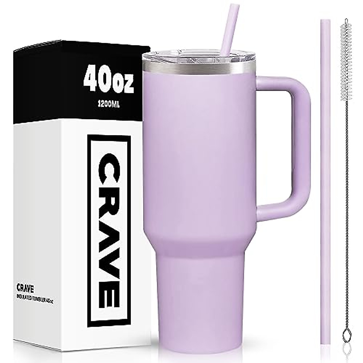 Crave Cups 40oz Tumbler With Handle And Straw l Insulated Stainless Steel Double Wall Spill Proof Water Bottle Travel Mug l Cupholder Friendly Vacuum Sealed Tumblers With Lid (Wisteria)