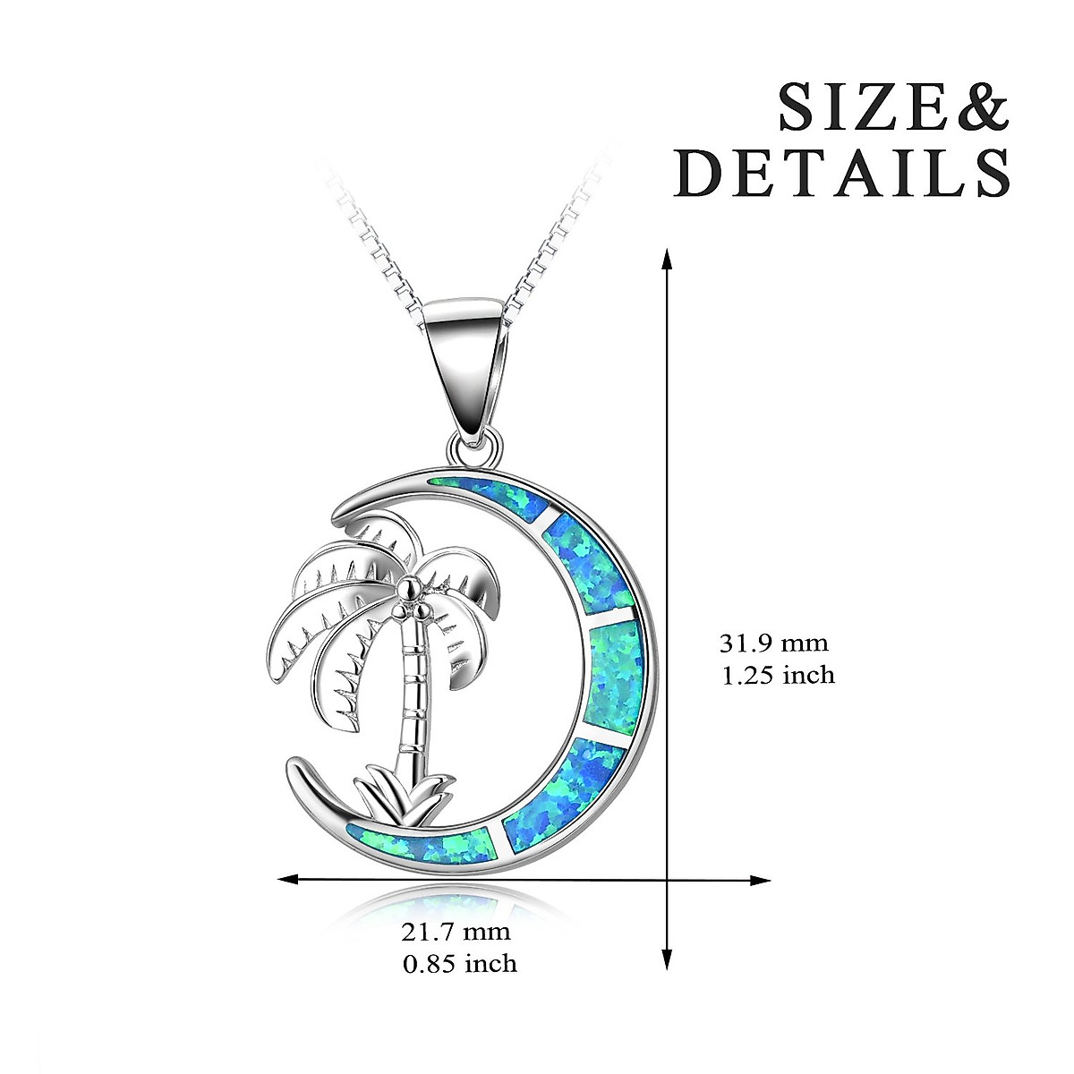 SOULMEET Palm Tree Blue Simulated Opal Moon Necklace, Sterling Silver Palm Tree Jewelry for Her, Summer Beach Style October Birthstone Christmas Gift Idea