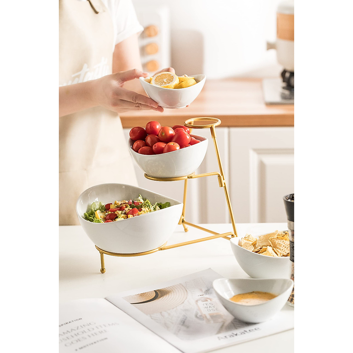 LAUCHUH 3 Tier Serving Stand with Porcelain Bowls, Oval Shape, Ideal for Food Presentation, Dishwasher Safe