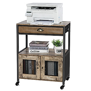 X-cosrack Printer Stand with Storage Cabinet, 3 Tiers End Table with Drawer and Doors, Movable Printer Table on Wheels for File Organization, Scanner, Fax Machine, in Home, Office, Retro Style