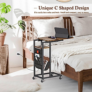 Colima C Shaped Slide Cover End Table with Charging Station, Narrow Sofa Side Table with USB Port and Wheels, Couch Table with Wheels, Storage Bag for Living Room Bedroom