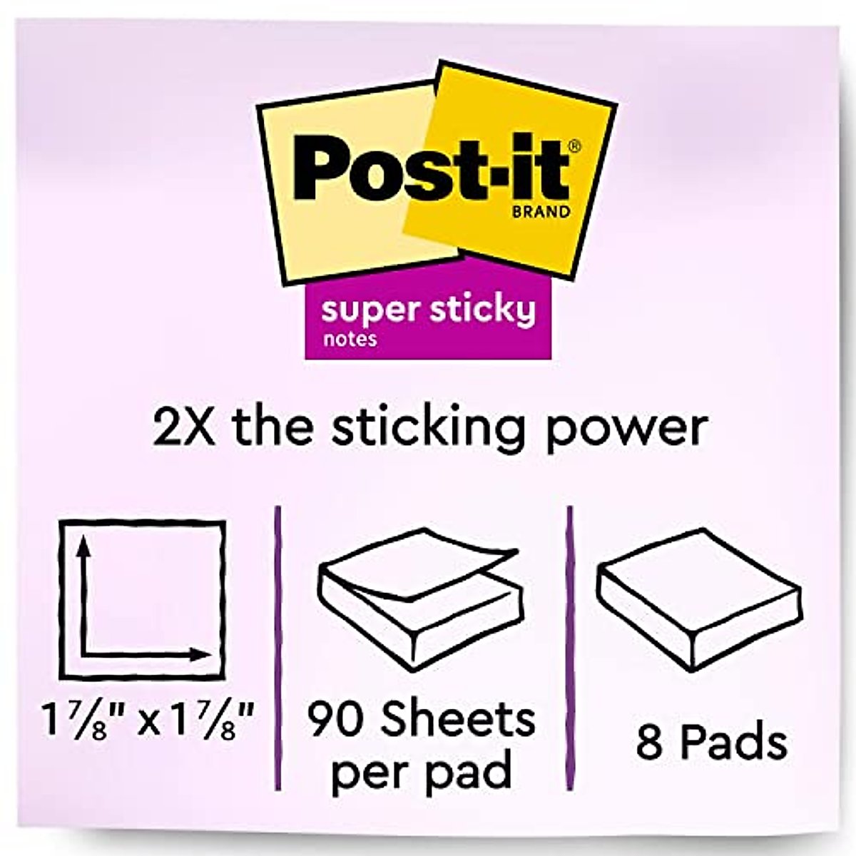 Post-it Super Sticky Notes,2x2 in, 8 Pads, 2x the Sticking Power, Supernova Neons Collection, Recyclable (622-8SSMIA) , 1 7/8" x 1 7/8" , Assorted