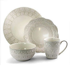 Elama Elegant Round Embossed Stoneware High Class Dinnerware Dish Set, 16 Piece, White