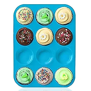 Amison Silicone Muffin Tray Cupcake Baking Pan 12 Cup, Non - Stick Silicone Mold, Dishwasher - Microwave Safe (Blue)