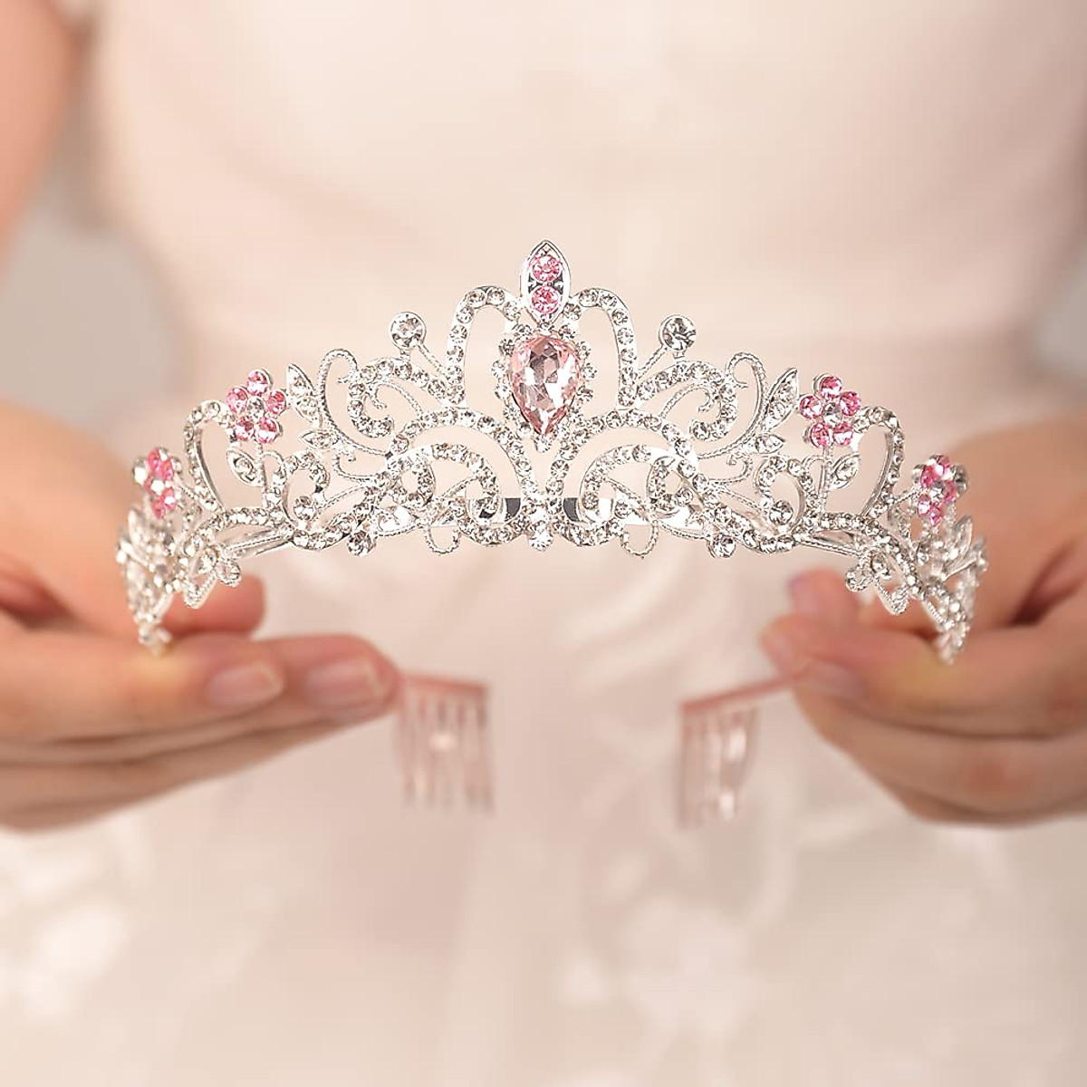 JWICOS Silver Rhinestone Tiara and Crown for Women Elegant Pink Crystal Crown with Combs Princess Birthday Crown for Brides Bridal Wedding Prom Birthday Party Hair Accessories (Pink)