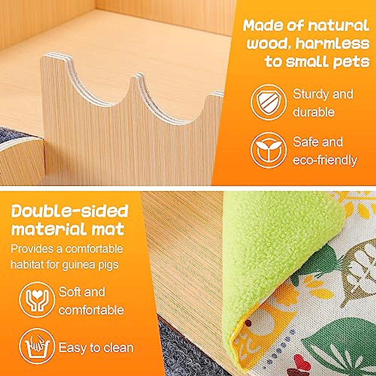 Guinea Pig Castle, Wooden Guinea Pig Hideout with Cave Stairs & Mat, Small Animal House Bed Hut Habitats for Hamsters Bunny Chinchillas Playing Sleeping Hiding