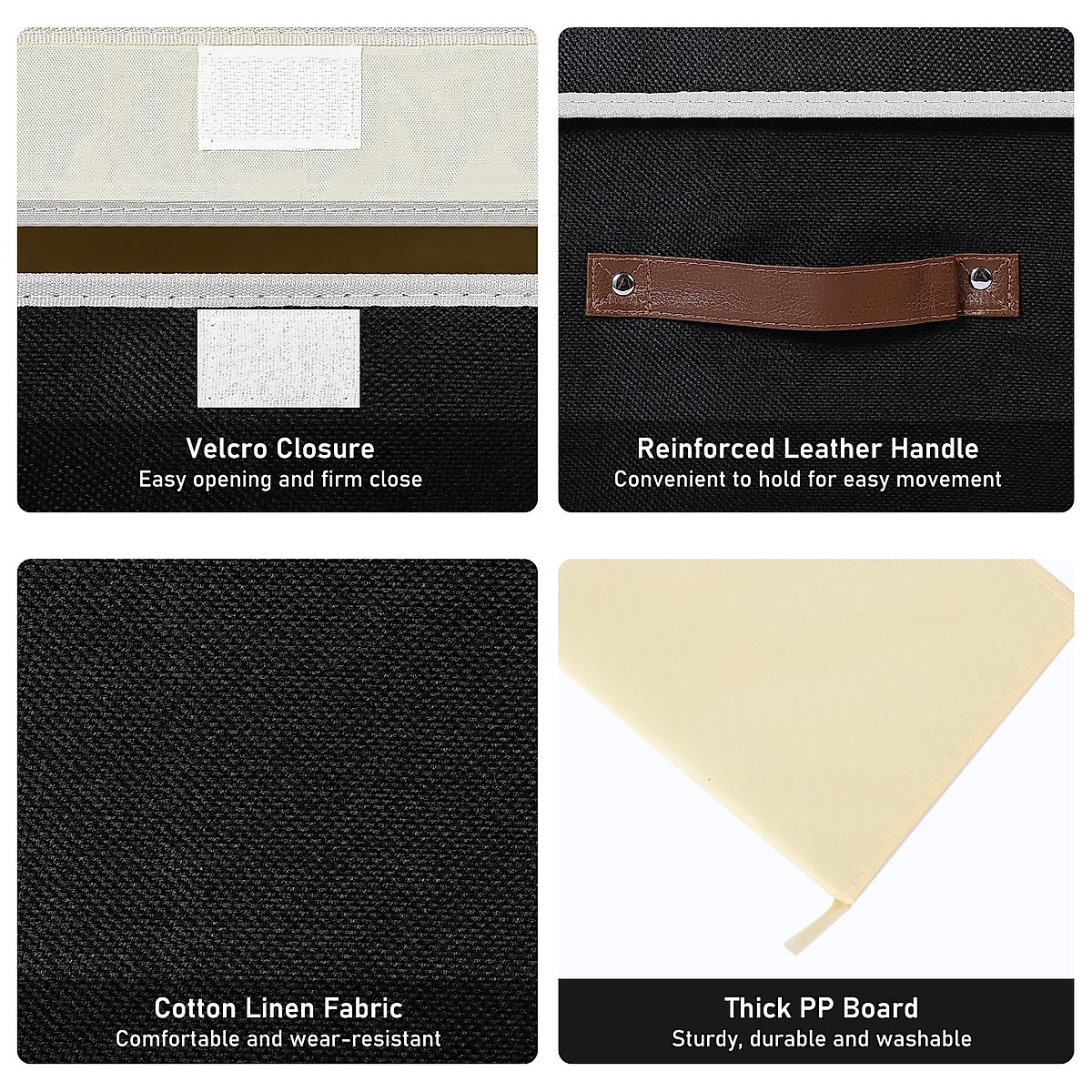 LaMorée Storage Bins with Lids Decorative Storage Boxes with PU Leather Handle 1 Pack Collapsible Closet Storage Basket Cotton Linen Basket Fabric Storage Cubes 10.2" Lx7.9 Wx6.7 H, Black