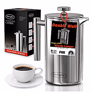 SterlingPro French Press Coffee Maker(1.75L)-Double Walled Large Coffee Press with 2 Free Filters-Enjoy Granule-Free Coffee Guaranteed, Stylish Rust Free Kitchen Accessory-Stainless Steel French Press
