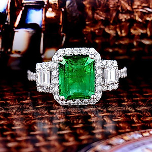 Lanmi Beautiful Natural Green Emerald Diamonds Engagement Ring Solid 14K White Gold Wedding Rings for Ladies Women Promotion