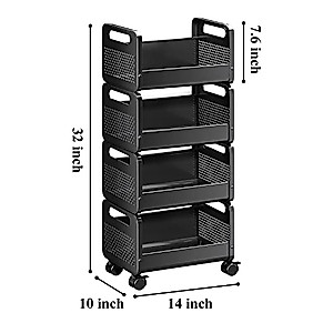 FSLGWRK 4 Tier Rolling Cart, Stackable Metal Kitchen Storage Cart with Wheels, Black