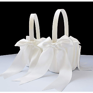 ATAILOVE 2 Pcs Flower Girl Basket Set- Cute Cherish Wedding Flower Baskets (Ivory)