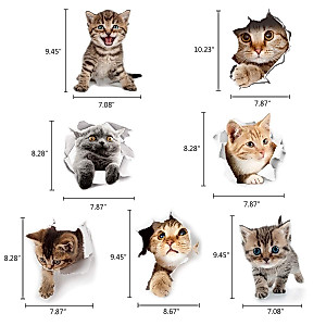 Cieovo 3D Removable Cats Large Wall Stickers Decals Cute Animal Wall Sticker Mural for Kids Cute Cat Decor Posters for Nursery Room, Toilet, Kitchen, Offices A Set of 7