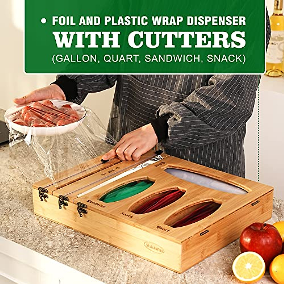 MatchWhiz Kitchen Ziplock Bag Organizer, Foil and Plastic Wrap Dispenser with Cutters. 6 IN 1 Kitchen Stamp Drawer Organizer.