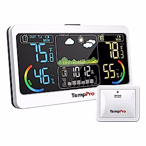 TempPro B68B Weather Station Indoor Outdoor Thermometer 500ft Wireless Home Weather Station with Digital Temperature Humidity Meter for Weather Forcast, White