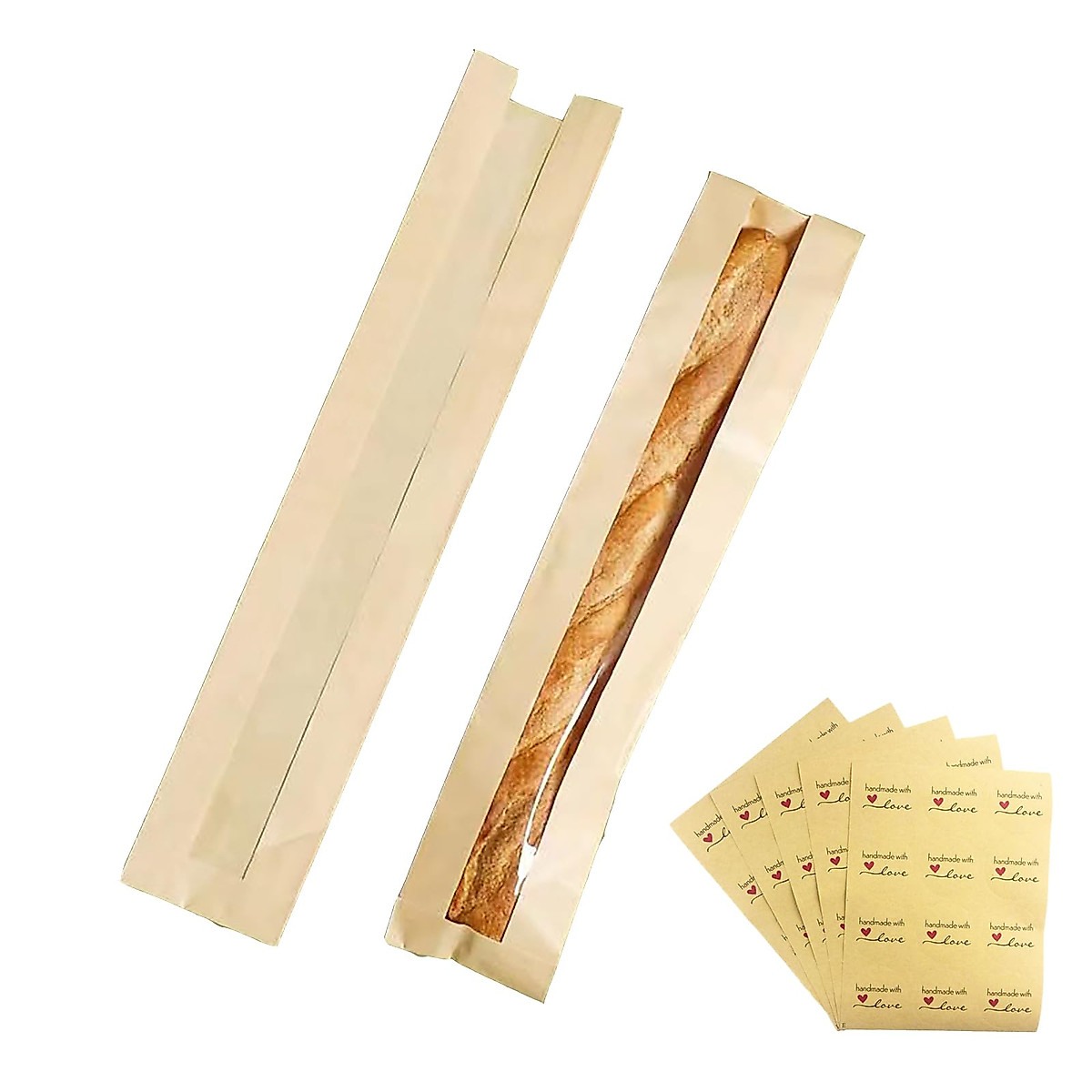 Bewinnd 100 Pack Baguette Bags,Kraft Paper Bread Bags for Homemade Bread, Long French Bread Bags with Clear Front Window(23.5 x 4.3 x 1.6 Inch)
