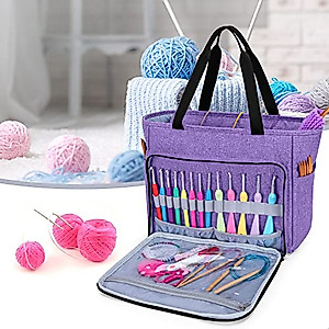 CURMIO Knitting Tote Bag, Yarn Storage Bag with Pockets for Crochet Hooks, Knitting Needles, Knitting Project and Accessories, Purple (Bag Only, Patented Design)