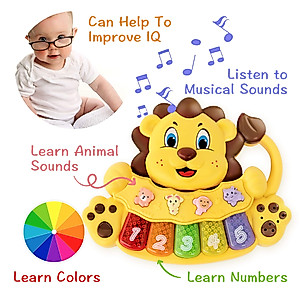 Adorable Lion Baby Piano Toy - 5 Different Numbered and Colored Light Up Key - Touch and Teach Baby Musical Toy w/ 3 Play Modes - Interactive Toy for Babies 12 Months & Up