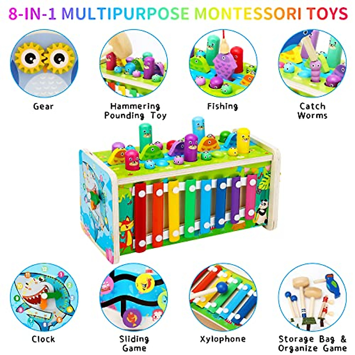 WEELIKEE 8-in-1 Wooden Hammering Pounding Toys for 1 2 3 4 Year Old Boys and Girls, Wooden Montessori Toys for Babies, Whack a Mole Game with Xylophone and Fishing Game Toddler Activities Gift