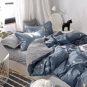 Feelyou Universe Galaxy Bedding Blue Stars Duvet Cover Set for Kids Teens Decorative Outer Space and White Black Plaid Reversible Design Comforter Cover Soft Microfiber Bedding Sets Full Size,Zipper