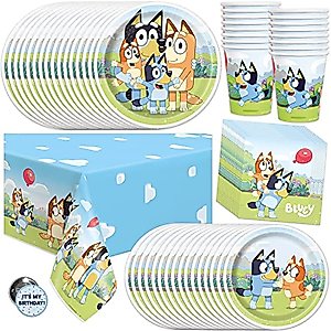 Unique Bluey Birthday Party Supplies | Bluey Party Supplies | Bluey Birthday Decorations | Bluey Party Decorations | With Bluey Tablecover, Bluey Plates, Bluey Cups, Bluey Napkins, Button