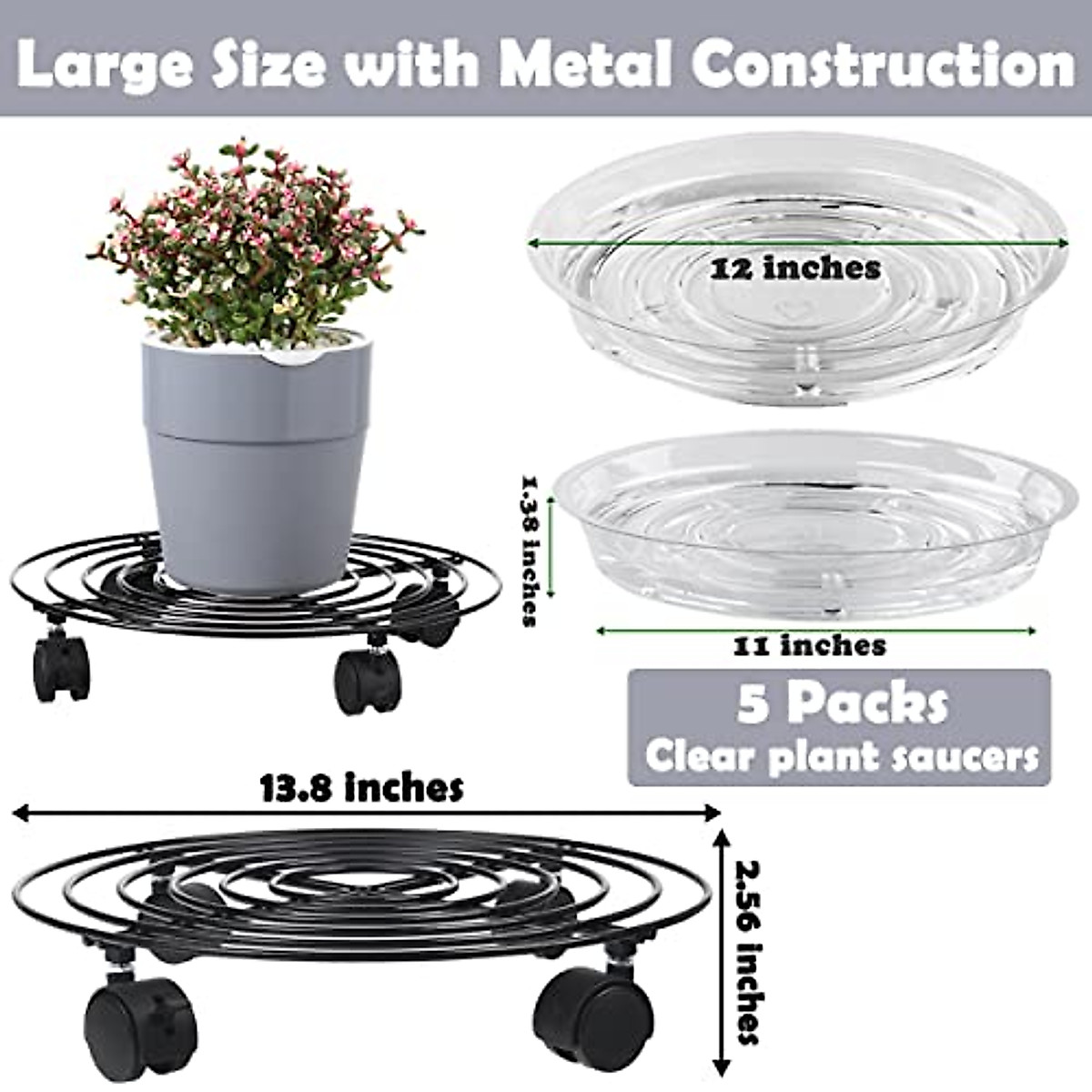 5 Packs Large Metal Plant Caddy 13.8” Plant Dolly with Wheels Heavy-Duty Wrought Iron Rolling Plant Stand with Casters for Indoor and Outdoor Plant Pot Rollers Black, Plastic Saucers Included