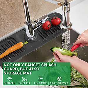 Kitchen Sink Splash Guard 17.7 * 5.5 Inch, Toovem Faucet Handle Drip Catcher Tray, Longer Silicone Sink Faucet Mat, Dish Soap Sponge Holder for Kitchen, Bathroom, Farmhouse, Bar & Rv, Black