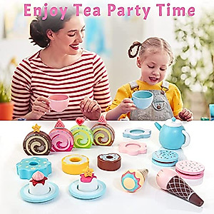 Lawcephun Wooden Tea Party Set for Little Girls, 30pcs Princess Tea Set Toy for Pretend Play, Montessori Toys for Toddlers Age 3-6, Birthday Gifts for Girls & Boys