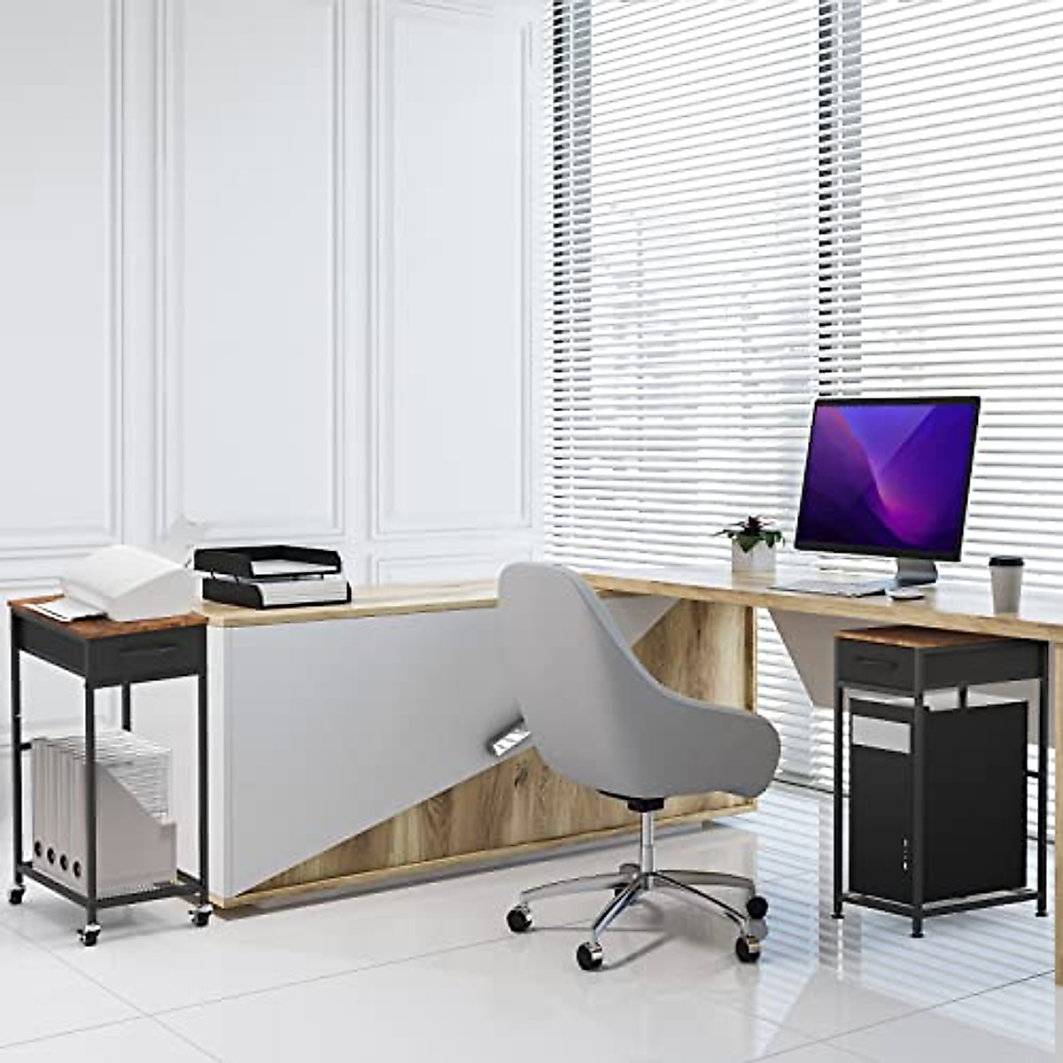 Computer Tower Stand PC Tower Stand with Storage Drawer 2 Tier Wood Rolling CPU Holder Stand Mobile Printer Cart on Wheels for Home Office, Industiral Brown and Black