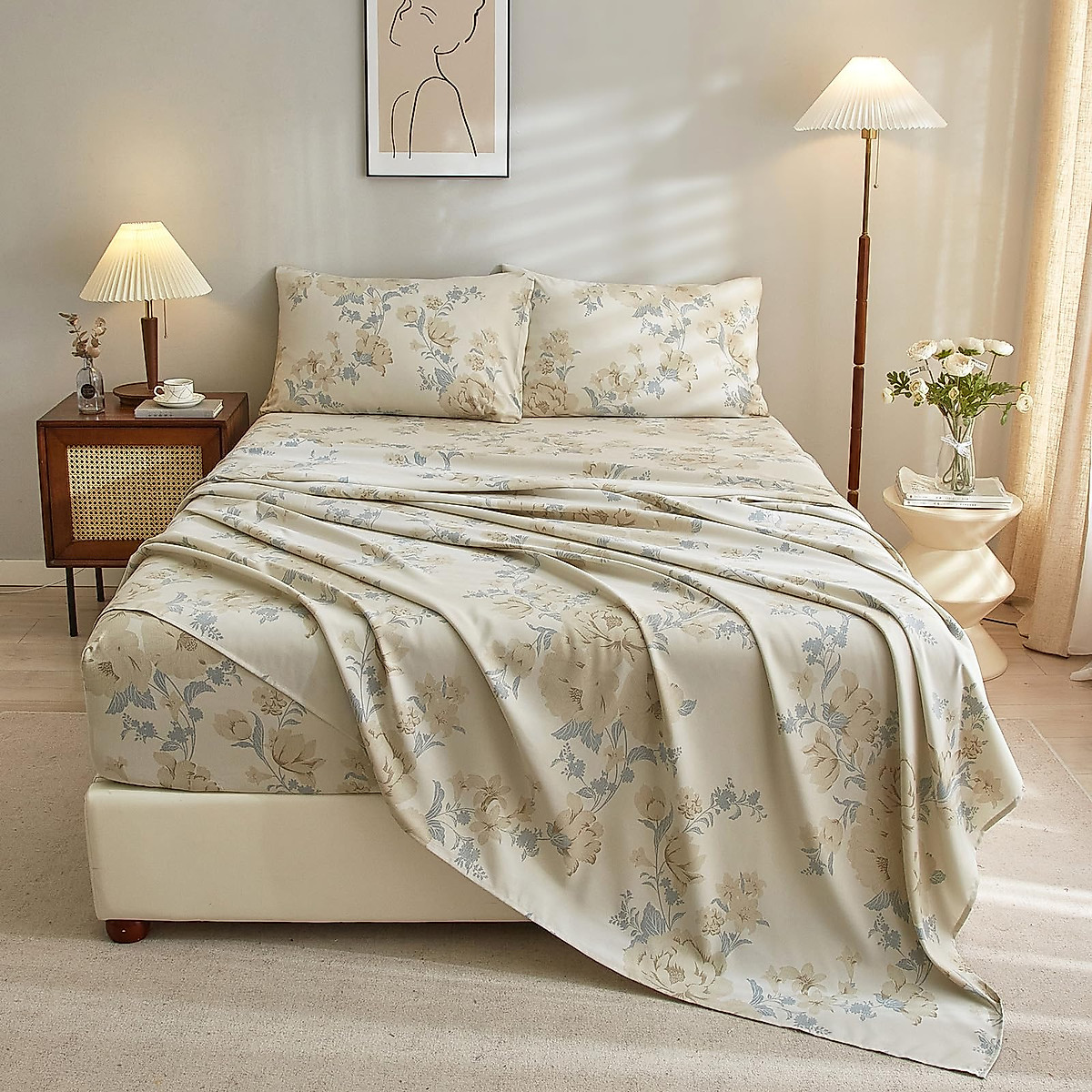 VClife Modern Floral Sheets Full Size Bedding Sets Khaki Taupe Beige Blueish Gray Floral Printed Sheets with 16" Extra Deep Pocket, 4 pcs Washed Microfiber Sheet Sets, Fade Resistant