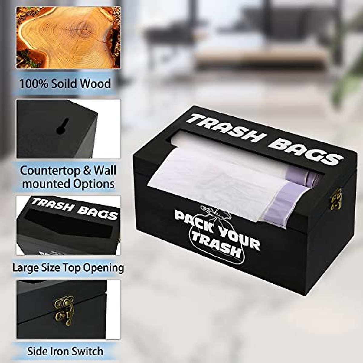 Trash Bag Dispenser Wall Mounted, Wooden Trash Bag Holder, Garbage Bag Dispenser Roll Holder Farmhouse Plastic Bag Roll Holder, Kitchen Trash Can Liner Organizer for Kitchen, Pantry