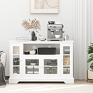 HOMCOM Sideboard Buffet Cabinet with Storage, Kitchen Cabinet Coffee Bar Cabinet with Glass Doors for Living Room, Kitchen, White